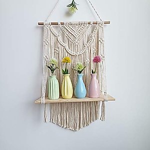 BLUETTEK Macrame Wall Hanging Shelf, Wood Hanging Shelf Organizer Hanger, Handmade Cotton Rope Bohomia Woven Home Wall Decor (Flower)