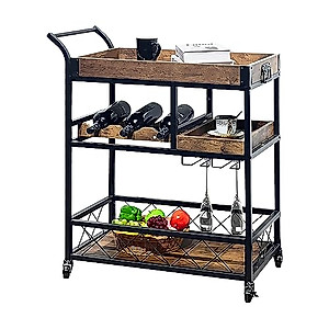 TRUNYAQI Bar Carts for The Home, Small Wood Bar Cart with Wheels, Mobile Serving Cart Rolling Bar Cart with Storage, 3 Tier Kitchen Bar Cart with Wine Rack, Drink/Coffee/Liquor cart, Vintage Brown (B)