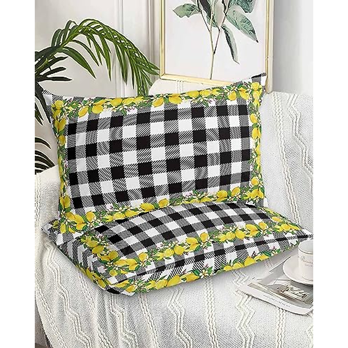 Edwiinsa Summer Lemon Pillow Covers Standard Size Set of 2 20x26 Bed Pillow, Yellow Fruit Spring Floral Black Plaid Plush Soft Comfort for Hair/Skin Cooling Pillowcases with Envelop Closure