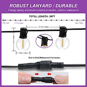JFQSUNSINE Solar String Lights Outdoor, 25Ft 15 LED Bulbs Waterproof G40 Patio Lights, Solar Powered String Lights with USB Charging, 4 Modes for Party Patio Garden Wedding Xmas Decoration