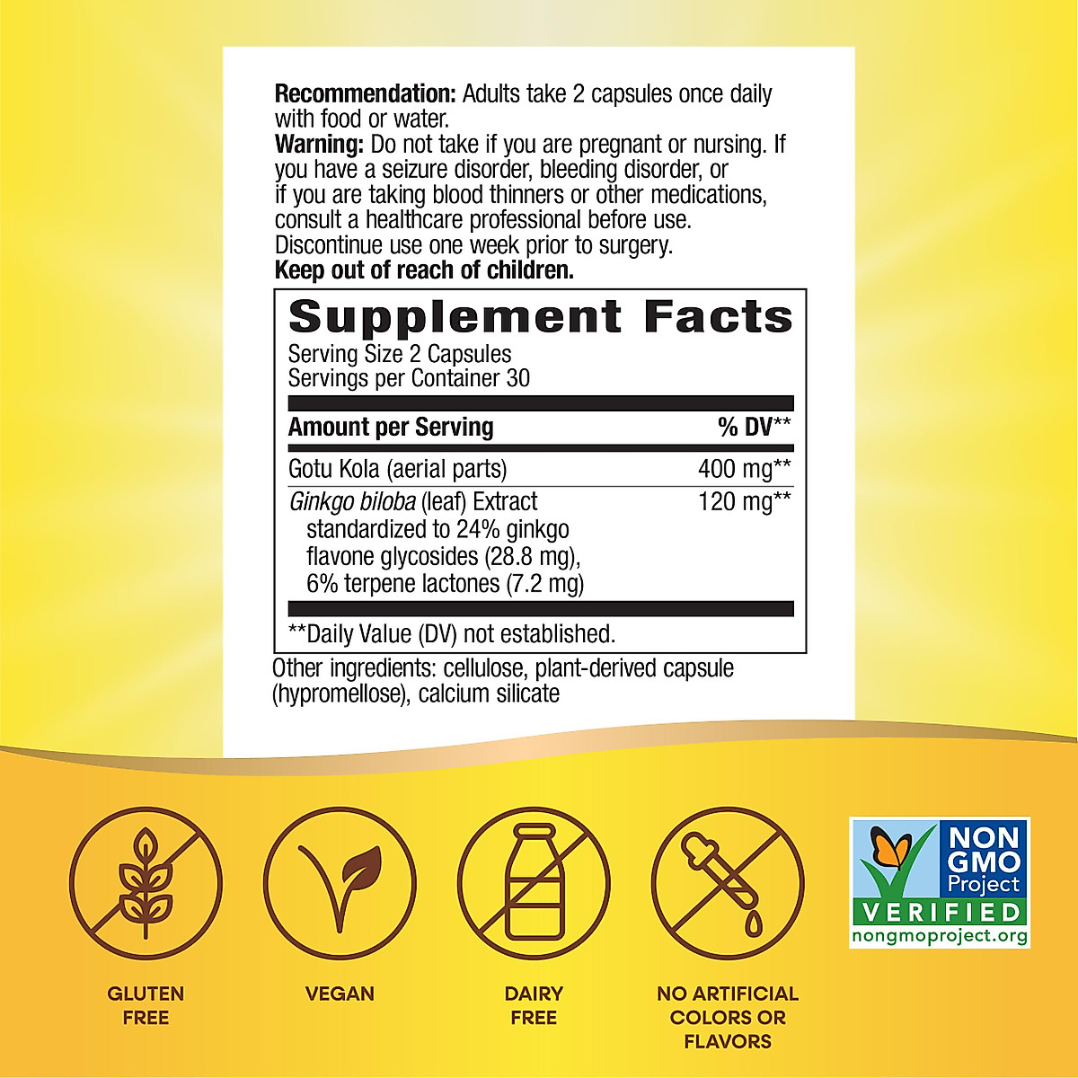 Nature's Way Ginkgo Premium Extract, Supports Memory & Concentration*, 120 mg Ginkgo Biloba Extract per 2-Capsule Serving, with Gotu Kola, Vegan, No Gluten, 60 Capsules (Packaging May Vary)