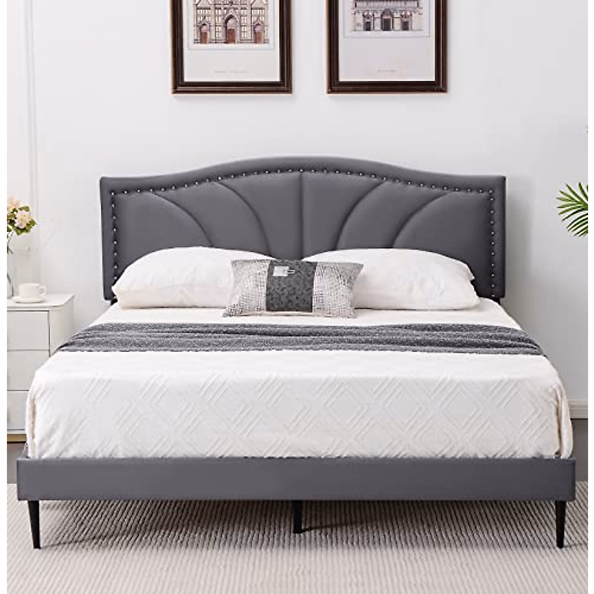 AsKmore Queen Size Bed Frame,Velvet Upholstered Platform Bed with Decorative Flower Line & Nailhead Trim Headboard with Wood Slat Support,No Box Spring Needed，Easy Assembly, Grey