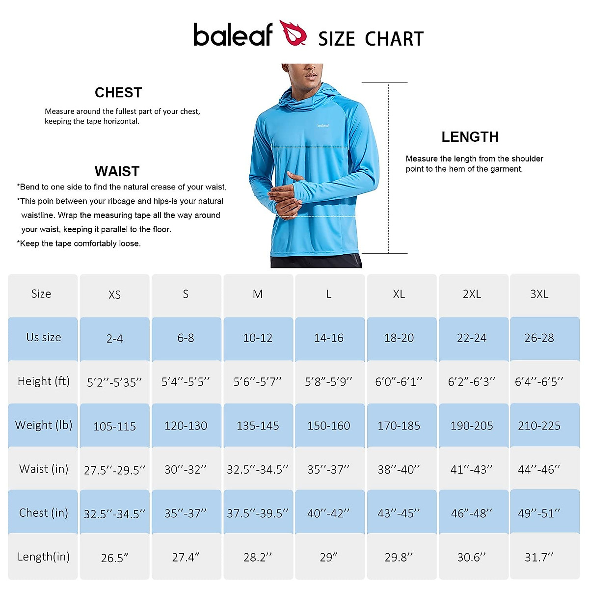 baleaf Mens Shirt UV SPF Hoodie Shirt UPF 50+ Sun Protection T-Shirts with Mask Rash Guard Fishing Lightweight,02-Blue, 3X-Large, Long Sleeve