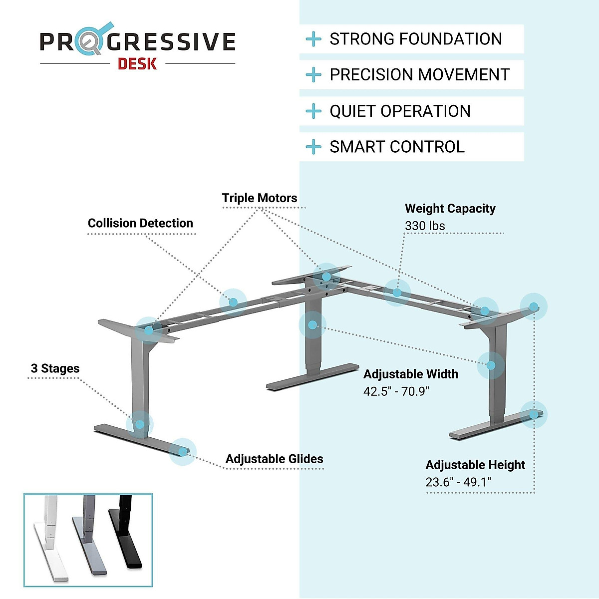 Progressive Desk L Shaped Height Adjustable Standing Desk 59" x 59" - Corner Computer Desk - Electric Stand Up Rising Workstation - Gray Frame/Dark Oak Top