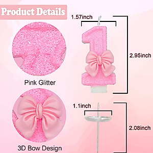 Pink Number 1 Candle for Girl Birthday Party Decorations, Girl 1st Birthday Party Decorations Supplies, 3D Bow Designed Pink Number Candles for Birthday Cake Topper Decorations (Pink 1 Candle)