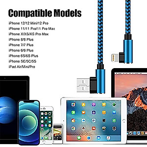 finekeep iPhone Charger Cable 10FT 3 Pack 90 Degree Lightning Cable MFi Certified Nylon Braided Right Angled Lightning Charging Cable for iPhone 12/11/11 Pro/XS Max/XR/X/8/7/6 (Blue Black)