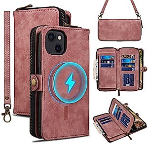 Rssviss for iPhone 13 Case Wallet Cover for Women Men, 《RFID Blocking》《Magsafe》Credit Card Holder Leather Strap Zipper Wristlet Flip iPhone 13 Case with Magnetic Shockproof 6.1" Vintage Pink