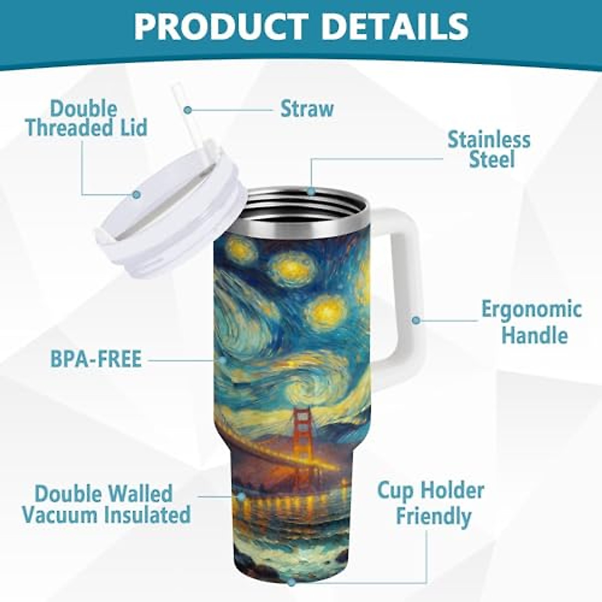 RPLIFE Golden Gate Bridge Starry Night 40oz Tumbler with Handle, Stainless Water Bottle, Insulated Coffee Tumbler