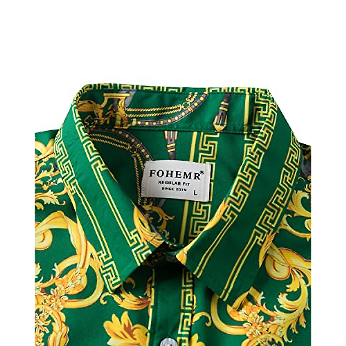 fohemr Mens Gold Chain Dress Shirts Luxury Short Sleeve Baroque Print Casual Button Down Design Buchona Shirts Green XX-Large
