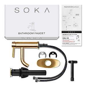 SOKA Bathroom Sink Faucet Single Handle Stainless Steel Lavatory Commercial Bathroom Faucet Bathtub Basin Vanity Faucets with Deck Plate & Pop-Up Drain Assembly Fit for 1 & 3 Hole, Gold