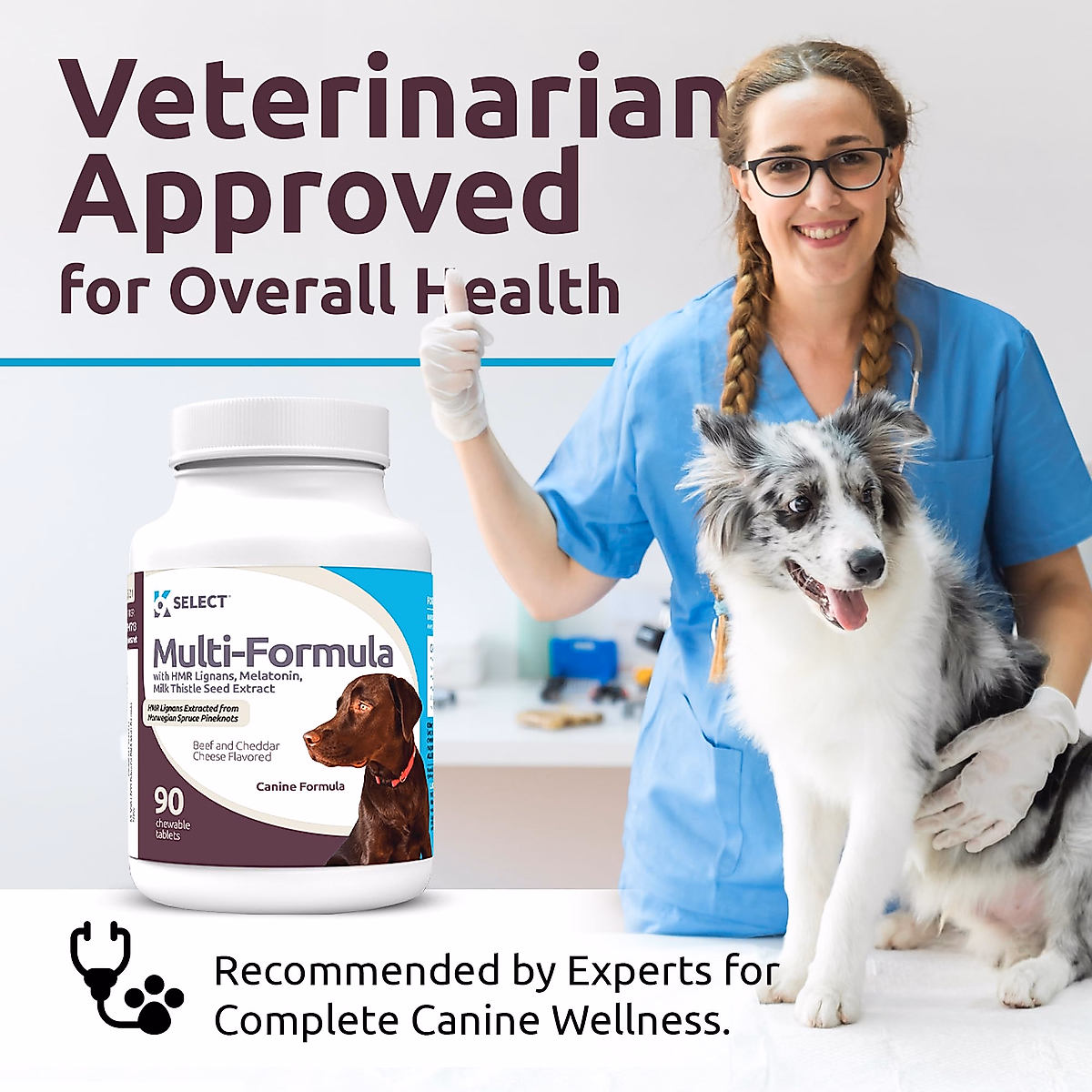 K9 Select Multi-Formula Dog Vitamins for Large Dogs - 30mg HMR Lignans, 3mg Melatonin, 60mg Milk Thistle - Helps Heart, Liver, Digestion, Skin & Coat Health, Dog Multivitamin, 90 Tablets, Beef Flavor