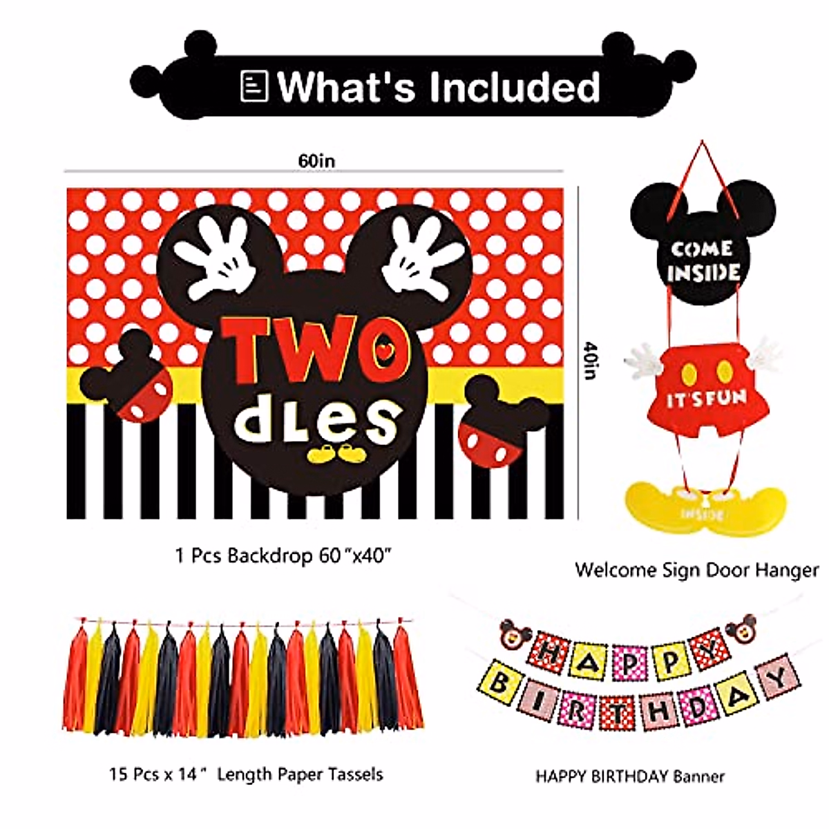 PYCALOW Mickey 2nd Birthday Party Supplies Decorations Include Oh Twodles Backdrop, Banner, Balloons Graland Arch, Welcome Hanger, Tablecloth, Hat, Topper, Tassels, Mickey Theme Mouse Party Supplies