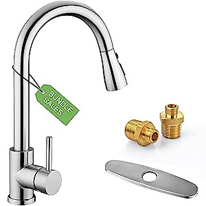 Kitchen Sink Faucet, Kitchen Faucet Stainless Steel with Pull Down Sprayer Brushed Nickel High arc Single Handle Single Hole with 3/8” Male to 1/2” Male Adapter 10 inches Deck Plate