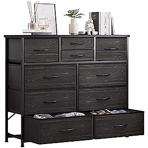 LUMTOK 10-Drawer Dresser, Fabric Dressers Drawers for Bedroom, Hallway, Nursery, Closets, Steel Frame, Wood Top, Easy Pull Handle (Black Wood Veins)