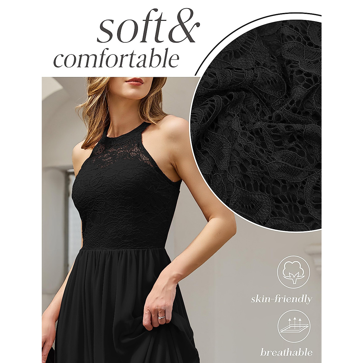 Wedtrend Halter Floral Lace Long Chiffon Wedding Bridesmaid Dress Cocktail Party Gown WT0201Black2XL