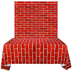 PHOGARY 3 Red Brick Tablecloth, Stone Wall Backdrop Xmas Decorations, Disposable Plastic Rectangular Table Covers, Photo Brick Decal Background for Winter Halloween Christmas Party