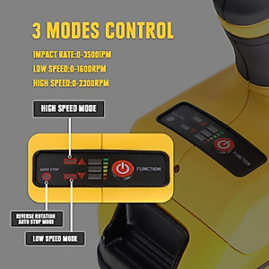 WITLIGHT Cordless Impact Wrench, Compatible w/ 20V Max Battery (NOT Included), Mellif 1/2" High Torque (258Ft.lbs/350N.m) Brushless Impact Driver 3 Speeds & Memory Mode & LED light, Yellow