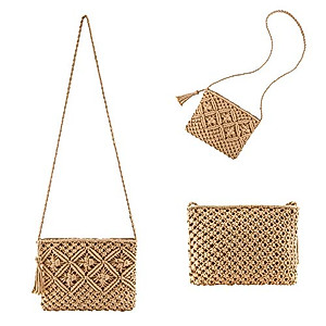 Ayliss Women's Handwoven Crossbody Handbag Summer Beach Shoulder Handbag Cotton Crochet Woven Handmade Purse Bag Tassel (Khaki)