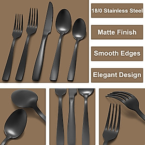 60-Piece Black Silverware Set for 12, HaWare Stainless Steel Flatware with Mellow and Full Square Handle, Cutlery Set for Home Kitchen, Include Fork Knife Spoon, Matte Finish, Dishwasher Safe