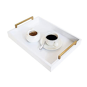 Crown Home & Living Ottoman Serving Tray 16.5x12.25 - White Coffee Table Tray with Brushed Gold Handles, Handcrafted, Sturdy & Spacious - Ideal for Bedroom, Kitchen, Living Room Decor