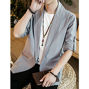 Mingzhu Mens Cotton Linen Blazer Jacket Roll Up Long Sleeve Notched Lapel Sport Coat(0733-Grey-M)