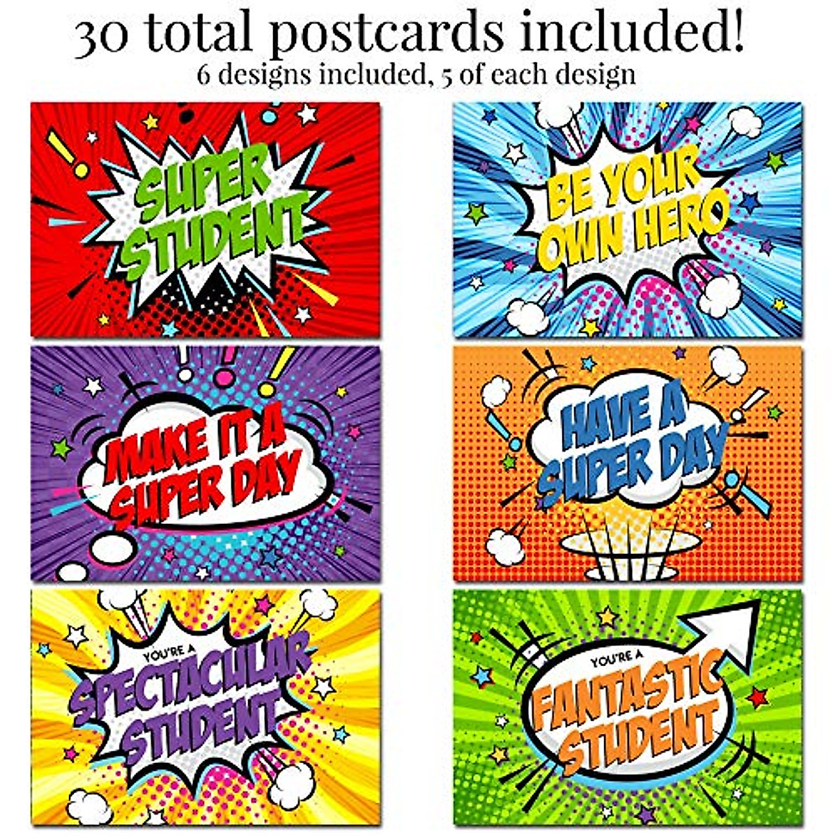 Super Student Superhero Themed Blank Postcards For Students From Teachers, Total of 30 4"x6" Fill In Notecards (5 of each design) by AmandaCreation