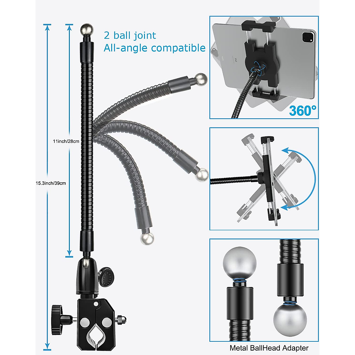 Gooseneck Tablet Mic Stand, woleyi Phone iPad Holder for Microphone Stand [Metal Arm Clamp] 360° Swivel Tablets Music Mount, Compatible with iPad Pro 12.9 Air Mini, iPhone, Galaxy Tabs, 4-13" Devices