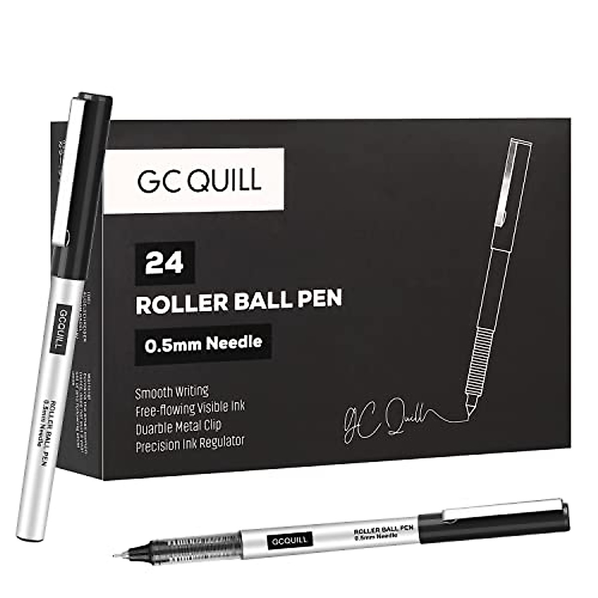 GC QUILL Rollerball Pens, Pack of 24, 0.5mm Black Liquid Ink Pens for Bullet Journaling, Fine Point Rollerball, Office Supplies for Writing, Taking Notes & Sketching BK24