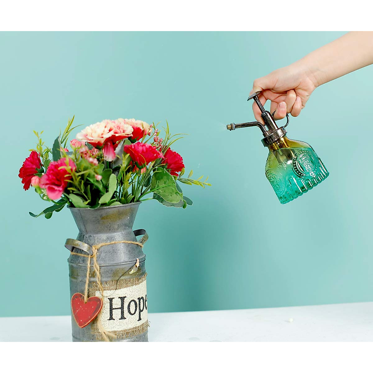 Hniuyun Glass Plant Mister Spray Bottle, 6.4 All Vintage Plant Spritzer Watering Can, Bronze Plastic Top Pump, Plant Mister Glass Watering Garden Tool (Yellow Green Gradient)