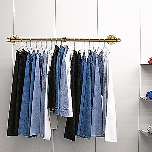 AddGrace 2 Pack Clothes Rack Gold Wall Mounted Industrial Pipe Clothing Rack Heavy Duty Clothes Rack for Hanging Clothes Multi-Purpose Closet Hanging Rack Garment Bar for Wardrobe and Laundry Room