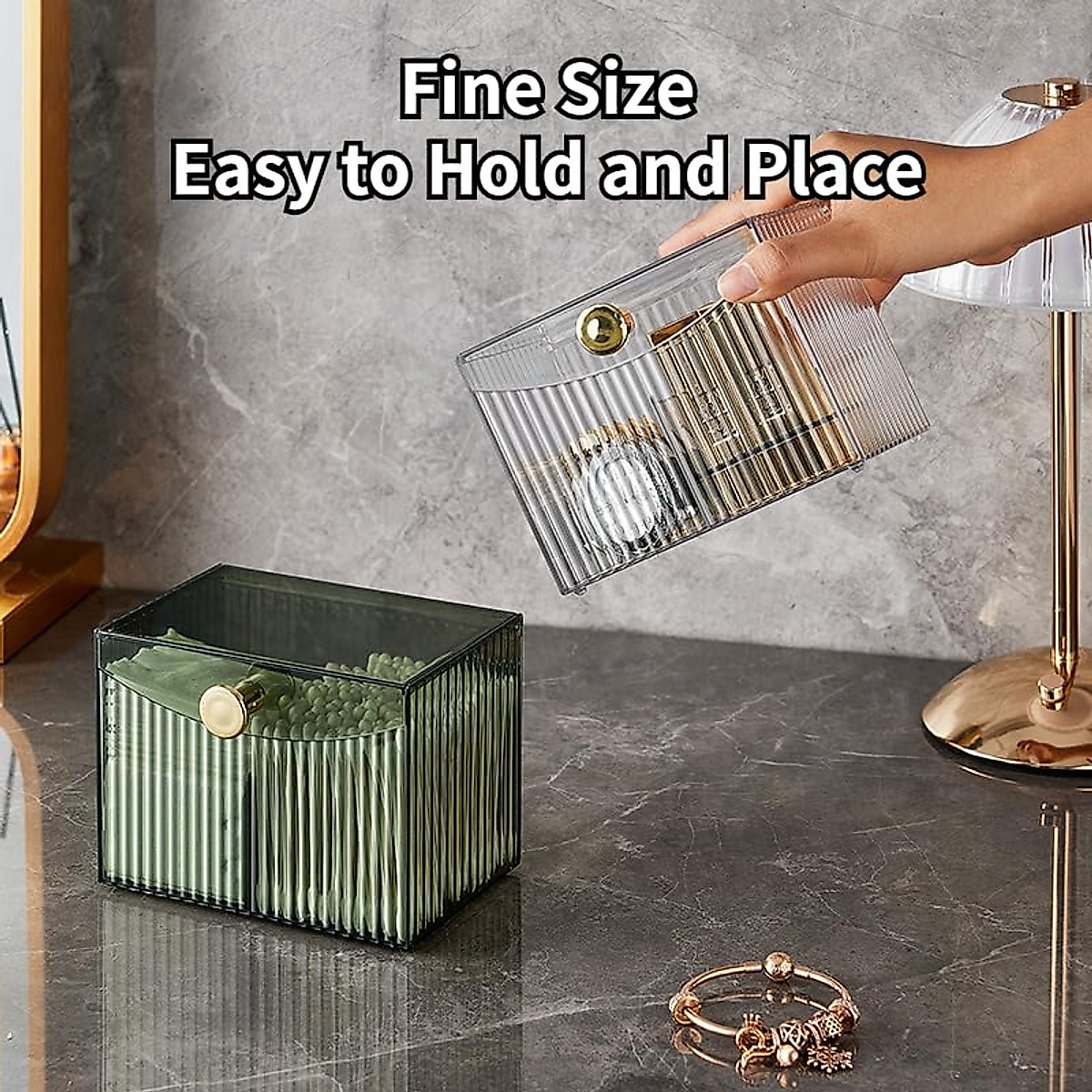 Clear Qtip Holder Dispenser for Cotton Ball and Swab Plastic with Lid Translucent Canister 2 compartment Bathroom Living Room Bedroom Vanity Makeup Organization (Green*2)