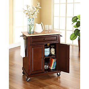 Crosley Furniture Compact Wood Top Small Rolling Cart with Shelves, Microwave Stand with Towel Rack, Mahogany