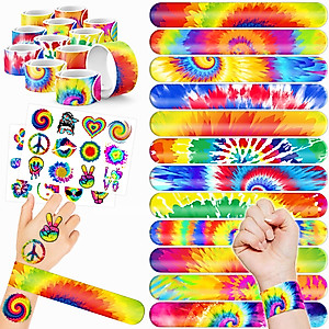 48PCS Tie Dye Party Favors 24PCS Tattoos 24PCS Slap Bracelets Wristbands Themed Birthdays Party Supplies Decorations Decor Tie Dye Baby Shower Pattern Girls Boys Gifts Classroom Prize Reward