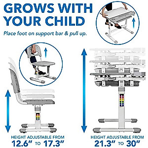 Ergonomic Kids Study Desk and Chair Height Adjustable School Student Study Desk with Tilt Desktop, Book Stand, Cup Holder, Steel Hook, Storage Drawer and Height Adjustable Chair Set