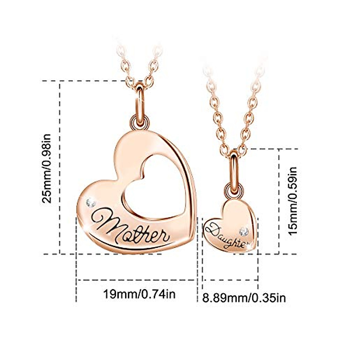 INFUSEU Rose Gold Mother Daughter Necklace Set for 2 for Mama Mom, Sterling Silver Small Dainty Tiny Heart Matching Jewelry for Women Teen Girls