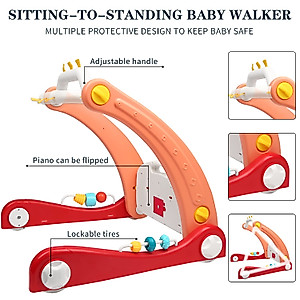 2 in 1 Baby Gym Play Mat & Sit-to-Stand Learning Walker,Kick &Play Piano Tummy Time Mat Toys with Mirror for Newborn Babies Toddlers Infants,Gift for Baby Girls Boys Must Haves,Red
