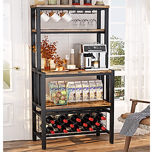 AWQM 5-Tier Kitchen Bakers Rack ,Industrial Wine Rack Table Microwave Stand, FreeStanding Wine Bar Rack,Coffee Bar Kitchen Storage Rack,Wine Cabinet Kitchen Hutch for Dining Room Living Room,Walnut