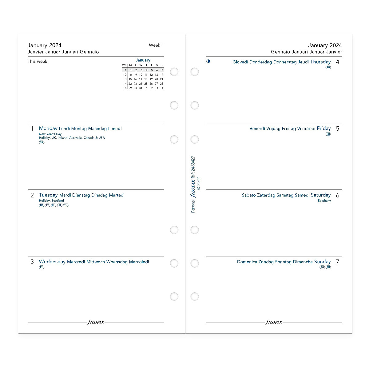 Filofax Saffiano Organizer, Personal Compact Size, Black - Cross-Grain, Leather-Look, Six Rings, Week-to-View Calendar Diary, Multilingual, 2024 (C022469-24)