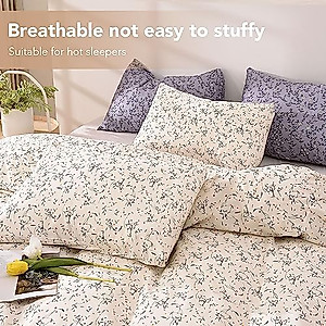 Lekesky Cotton Duvet Cover Queen Size - 100% Washed Cotton Beige Floral Duvet Cover Set for All Season, Soft and Breathable Bedding Set with Zipper Closure & Corner Ties
