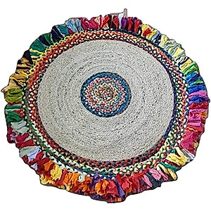 Devik Decor Braided Boho Natural Cotton Chindi & Jute Rugs Reversible Non Slip Carpet Round Area Rug for Farmhouse Living Room Bedroom Kitchen Outdoor Mate, AR02 (3FT_Round (36 Inches X 36 Inches))