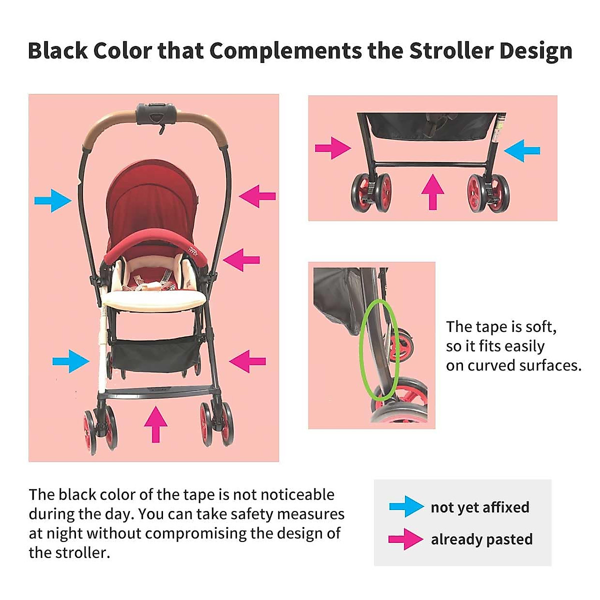 Reflective Tape for Baby Stroller Black, 14cm 6pcs (4pcs 5.5 x 1.9in, 2pcs 5.5 x 0.7in), Retroreflective Tape to Make Your Stroller More Visible at Night. Also Suitable for Bicycles, Motorbikes etc.