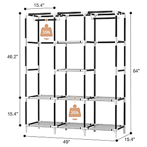 VTRIN Portable Closet Wardrobe for Hanging Clothes with 2 Hanging Rods and 8 Storage Organizer Shelves,Sturdy Large Wardrobe Closet for Bedroom Free Standing Clothes Rack with Cover,Grey