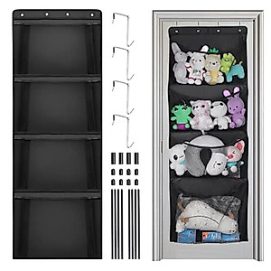 Stuffed Animal Organizer, 4 Pockets Over Door Organizer for Stuffies and Toy Plush, Kids Bedroom Organization Animal Storage Net Hammock with Hooks, Hanging Toy Plush Storage for Nursery, Bedroom
