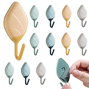 DueHoppee 12 Pcs Adhesive Hooks,Cute Stylish Leaf Shaped Hooks for Wall Decorative,Plastic Hooks to Organize Kitchen Office Bathroom Items,Damage-Free Sticky Hooks (Mixed Color)