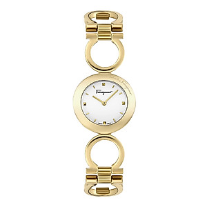 Ferragamo Gancino Collection Luxury Womens Watch Timepiece with a Gold Bracelet Featuring a Gold Case and White Dial