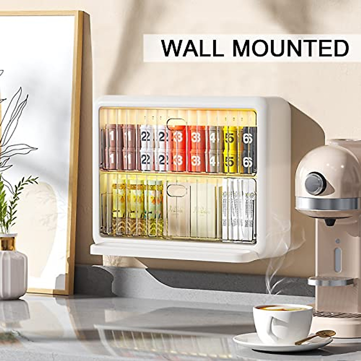 LELE LIFE K Cup Holder Organizer, 2 Tier Clear Acrylic Coffee Pod Holder Tea Bag Organizer, Space-Saving Slim Coffee Bar Organizer Coffee Station Organizer for Countertop or Wall