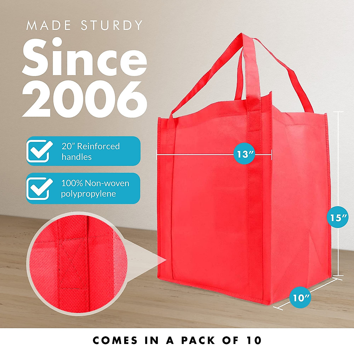 Simply Green Solutions - Reusable Grocery Bags, Wide Tote Bags with 20-Inch Reinforced Handle, Shopping Bags for Groceries, Reusable Gift Bags with Handles, 13 x 15 x 10, Pack of 10, Red