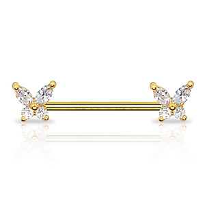 Pierce2GO Pair of Anodized Gold 316L 14G Butterfly Nipple Rings with CZ Stones Piercing Women - 9/16" Barbell