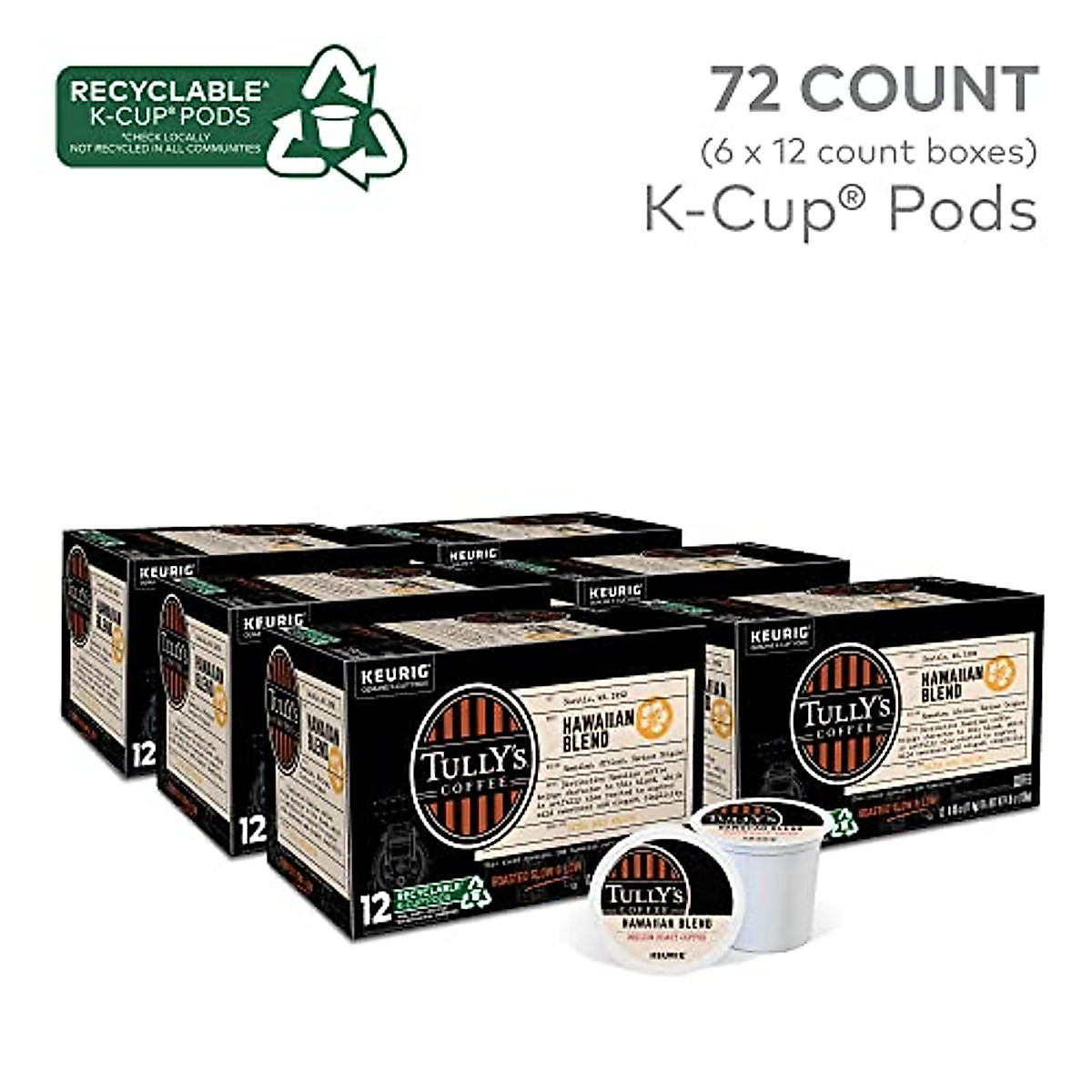 Tully's Coffee Hawaiian Blend Keurig Single-Serve K-Cup Pods, Medium Roast, 72 Count