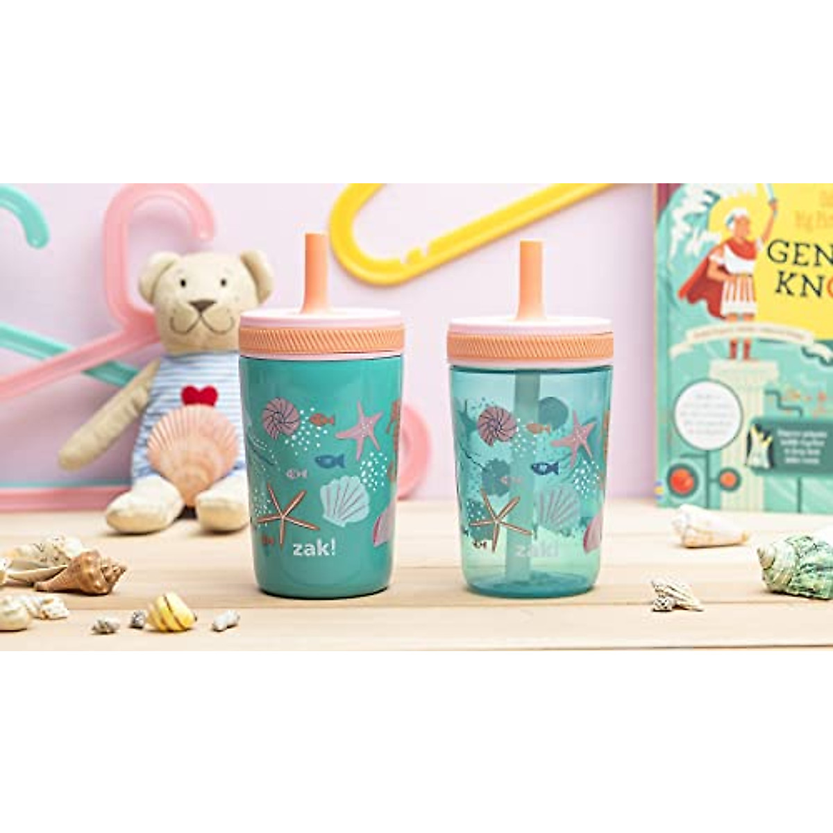 Zak Designs Shells Kelso Tumbler Set, Leak-Proof Screw-On Lid with Straw, Bundle for Kids Includes Plastic and Stainless Steel Cups with Bonus Sipper (3pc Set, Non-BPA) 15 fl.oz.